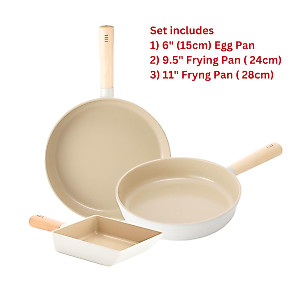 FIKA Kitchen Essential 3-Piece Stir Frying Pan Set with Wood Handle, Healthy Cooking Nonstick Ceramic Coating Skillet, Tamagoyaki Omelet Pan, Induction Compatible Cookware, Made in Korea