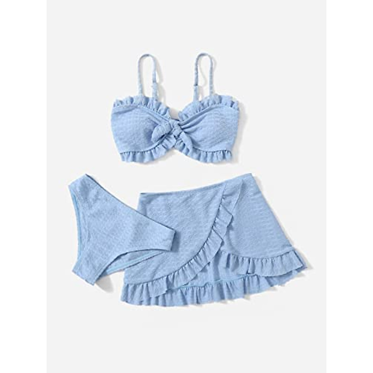 COZYEASE Girls' 3 Pcs Set Tie Front Ruffle Trim Bikini Swimsuit with Beach Skirt Cute Frill Wrap Swimsuit Light Blue 11-12Y