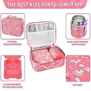 Pawtong Bento Lunch Box Set With 10oz Soup Thermo, Leak-proof Lunch Containers with 4 Compartment, Kids Hot Thermo Food Jar/Insulation Lunch Bag, Food Containers for School