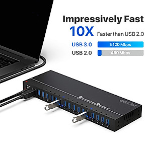 Multi-Safety Protection USB Splitter - 16 Port Powered USB Hub 3.0 with AC Adapter (12V / 10A) - Aluminium USB 3.0 Hub with LEDs - High Speed - Hub for Multiple Devices - Powered USB 3.0 Hub