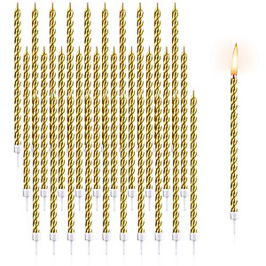 30 Pieces Birthday Candles Spiral Cake Candles Metallic Cupcake Candles Long Thin Cake Candles in Holders for Birthday Wedding Party Cake Decorations (Gold)