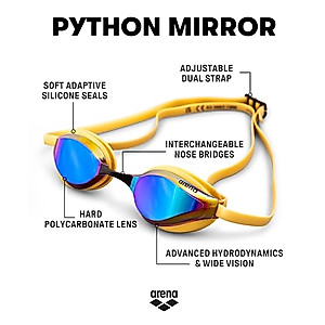 Arena Python Racing Swim Goggles for Men and Women, UV Protection, Anti-Fog, Dual Strap, Mirror Lens, Copper/Gold