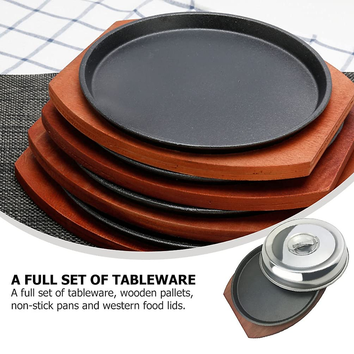 Operitacx 1 Set Western Food Cover Korean Barbecue Dish Sizzling Steak Plate Korean BBQ Grill Pan Metal Steak Plates Pan with Lid Japanese Steak Plate Stove Grill Delicatessen Wood Round