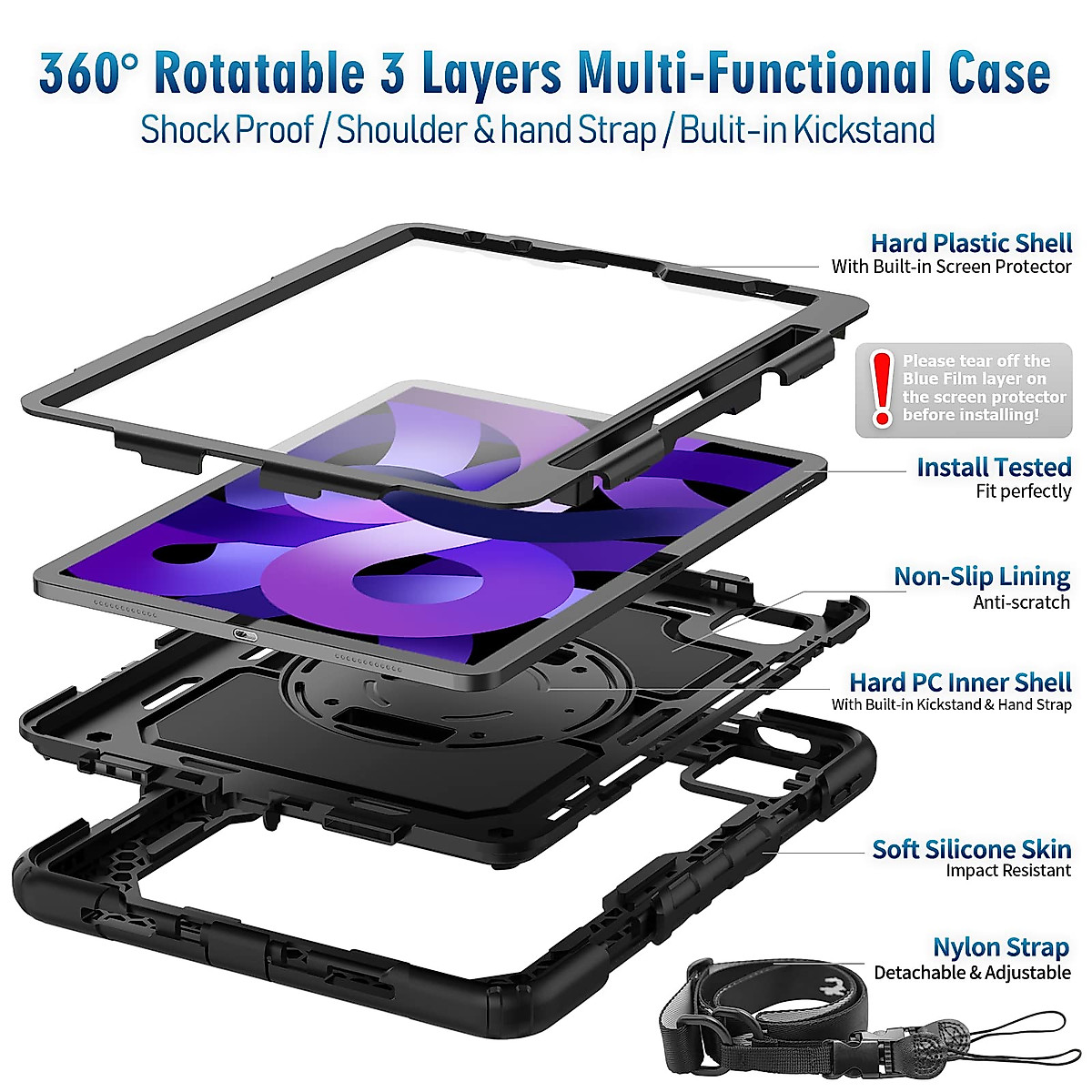 Timecity Case for iPad Air 5th Generation 2022/ for iPad Air 4th Generation 2020-10.9 inch, Durable Sturdy Protection Case with Pencil Holder Screen Protector [360 Rotating Stand] Hand Strap- Black