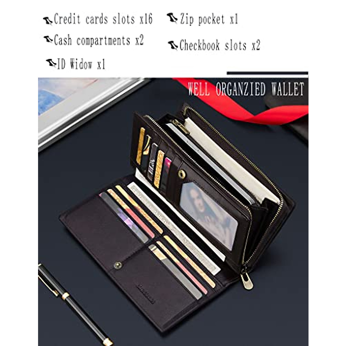 VANNANBA Mens Long Wallet Zipper Full Grain Leather Bifold Checkbook Cards Organized Holder Purse for Business Travel Gift