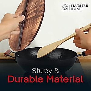 Flumier Home – Carbon Steel Wok – Flat Bottom with Detachable Handle, Bamboo Lid & Spatula – Non Stick Pan for all Type of Stoves 12.5 inch (Black)