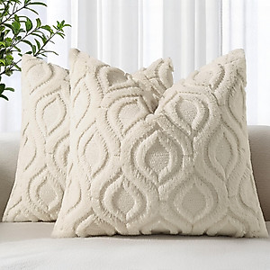decorUhome Decorative Throw Pillow Covers 18x18, Soft Plush Faux Wool Couch Pillow Covers Set of 2, Beige