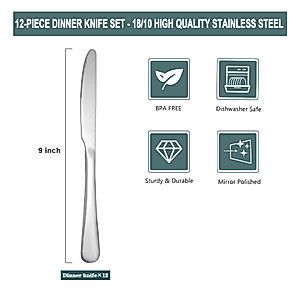 SANTUO Stainless Steel 12-Piece Dinner Knives Pack, Table Steak Knives Set for 12 (Silver 9 Inches)