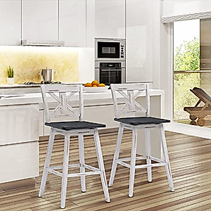 COSTWAY Bar Stools Set of 2, 360 Degree Swivel, 29-inch Height Chairs w/Non-Slip Foot Pads, Rubber Wood Bar Chairs, Vintage Bar Stools for Home, Restaurant (White)