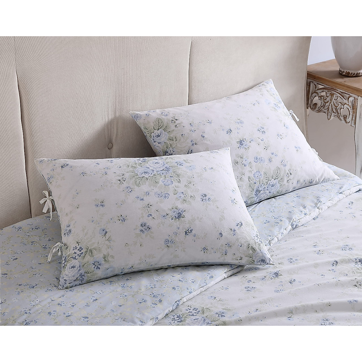 Shabby Chic® - Queen Comforter Set, Reversible Cotton Bedding with Matching Shams, Elegant Floral Home Decor for All Seasons (Bailey Blue, Queen)