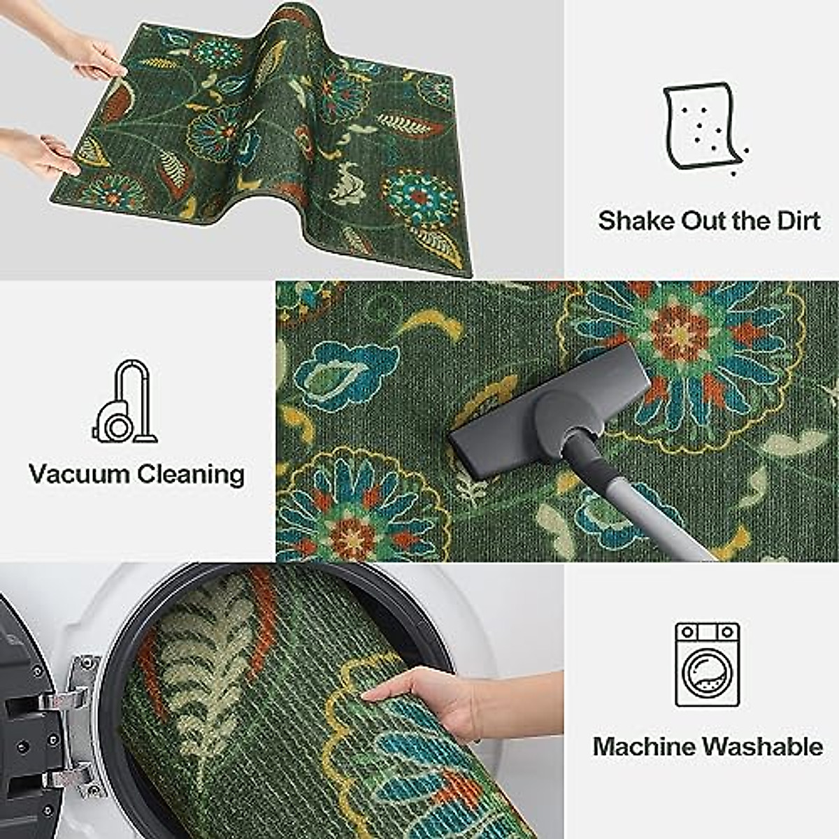 KIMODE Floral Indoor Door Mat 20''x32'', Green Washable Small Rugs for Entryway,Low-Pile Modern Abstract Doormat Indoor,Non-Slip Leaf Throw Rug Floor Carpet for Kitchen/Entrance