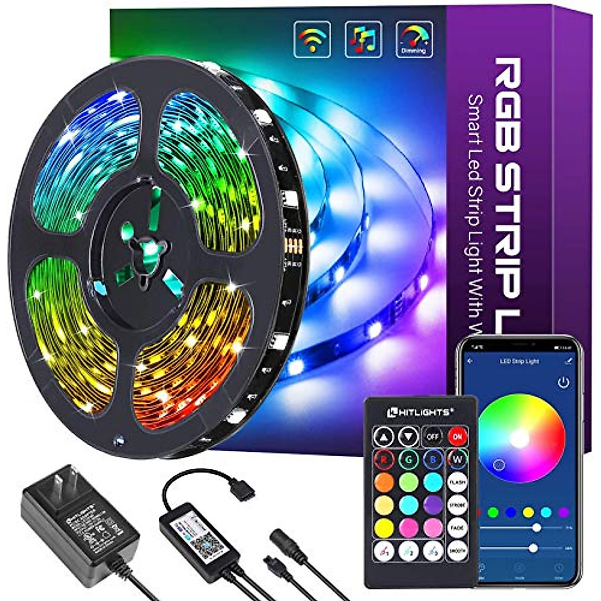 HitLights 32.8ft Smart LED Strip Lights, Color Changing Light Strips Works with Alexa, Google Home APP Control, Music Sync for Home Bedroom Party