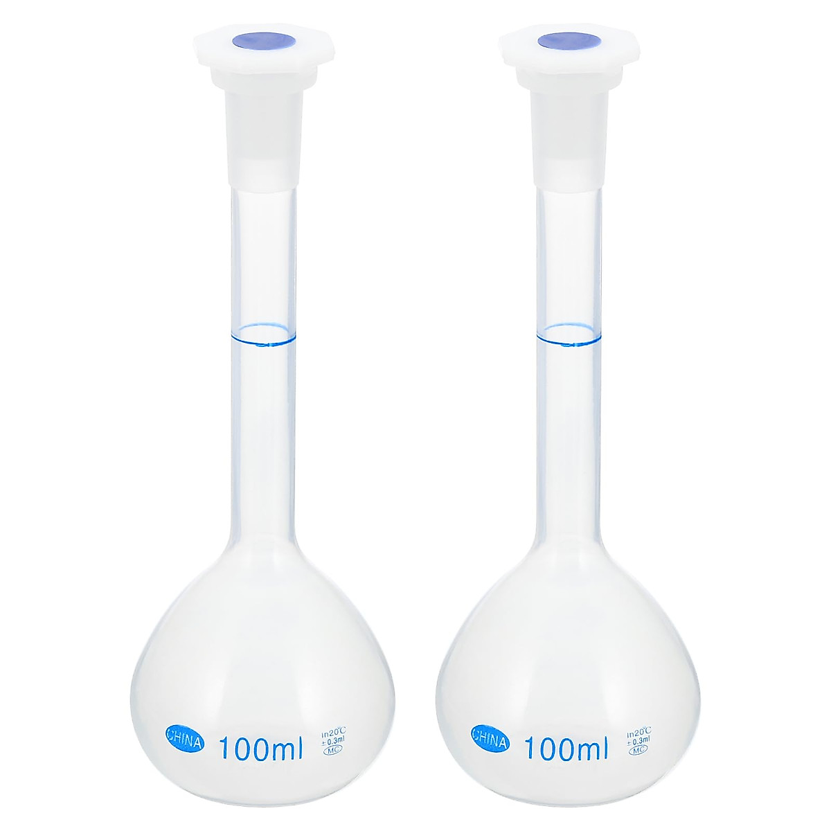 PATIKIL 100ml Volumetric Flask, 2 Pack Polypropylene Graduated Volumetric Measuring Flask with Plug Cap Tolerance 0.3ml for Laboratory Experiment, Translucent