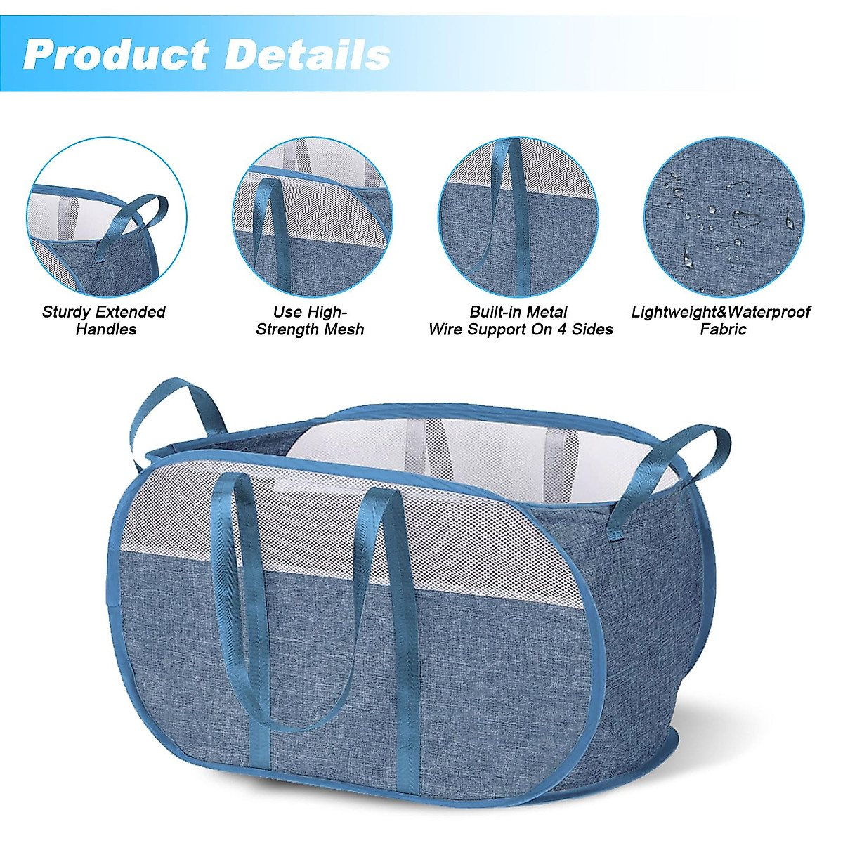 Qivine Pop Up Laundry Hamper, 65L Foldable Laundry Hamper Mesh Laundry Basket with Strong Handles Portable Travel Laundry Hamper Mesh Hamper for Laundry Room, Drom, Bathroom (1)
