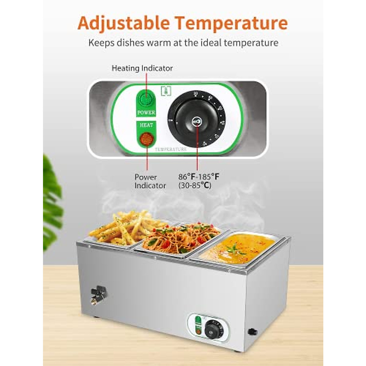 3- Pan Commercial Bain Marie Buffet Food Warmer Large Capacity 21 Quart Electric Steam Table 6'' Deep Stainless Steel Countertop Food Warmer for Parties, Catering and Restaurants