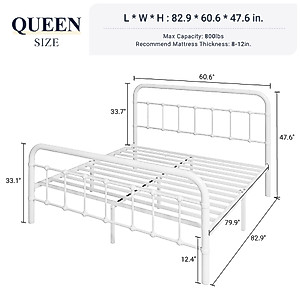 Allewie Queen Size Metal Platform Bed Frame with Victorian Style Wrought Iron-Art Headboard/Footboard, No Box Spring Required, White