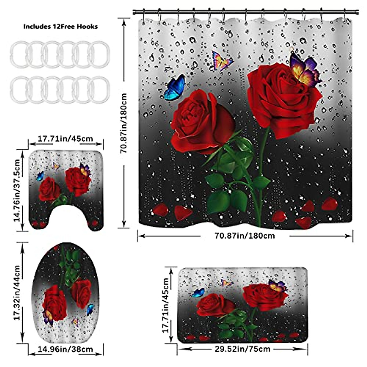 Red Rose Shower Curtain Sets with Non-Slip Rugs,Toilet Lid Cover and Bath Mats Rose Bathroom Sets with Rugs and Accessories Flower Shower Curtain for Bathroom Floral Bathroom Curtain Sets1-1
