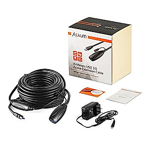 Alxum USB 3.0 Extension Cable 50FT, Active USB Extension Cable Male to Female Long 15Meter, USB 3.0 Extender Cord with 2 Signal Boosters for Printer, Webcam, Xbox, Keyboard, with 5V2A Power Adapter