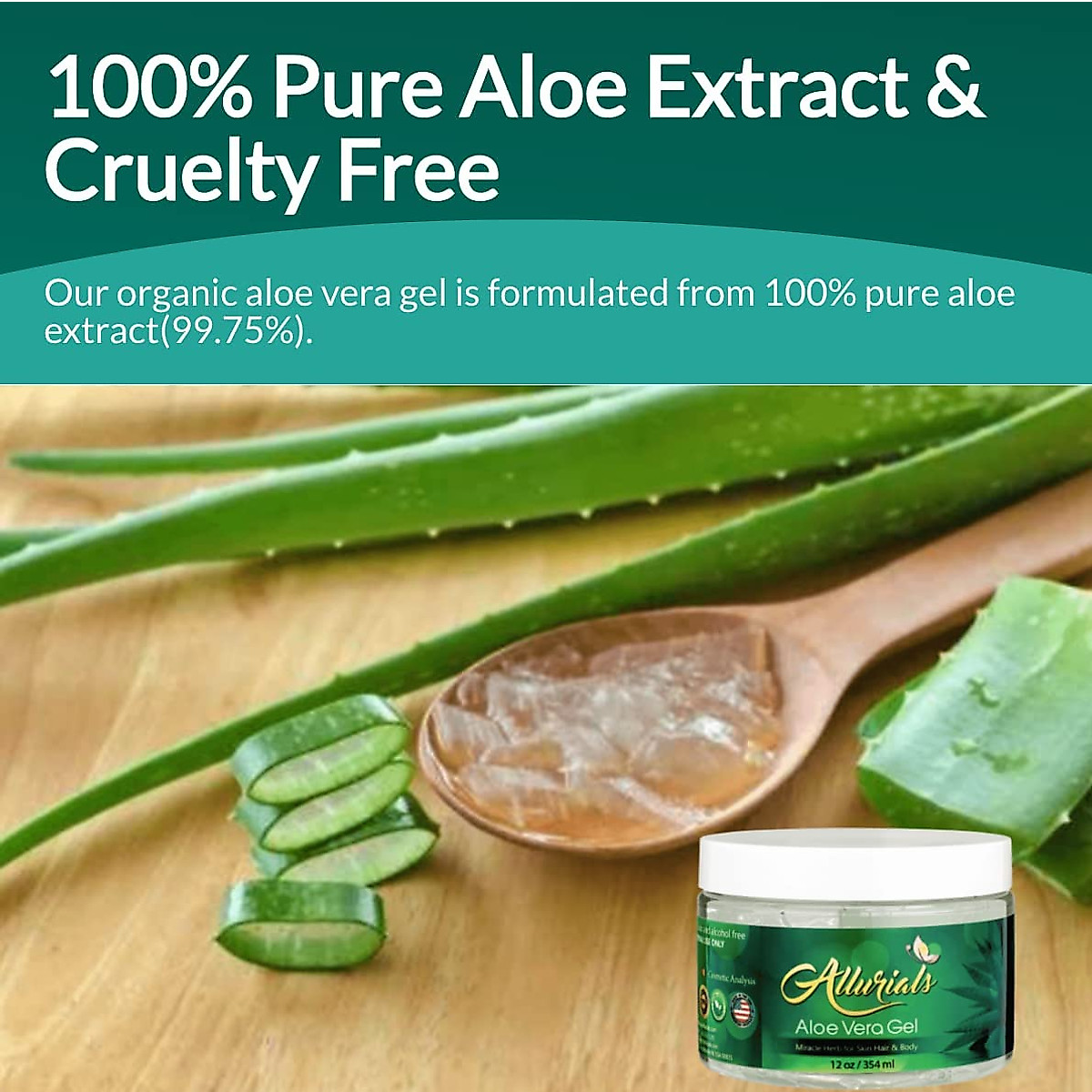 Allurials 100% Pure & Organic Aloe Vera Gel, Clinically tested & Dermatologist approved, Hydrates & Heals Dry & Damaged Skin & Hair- 12 Oz