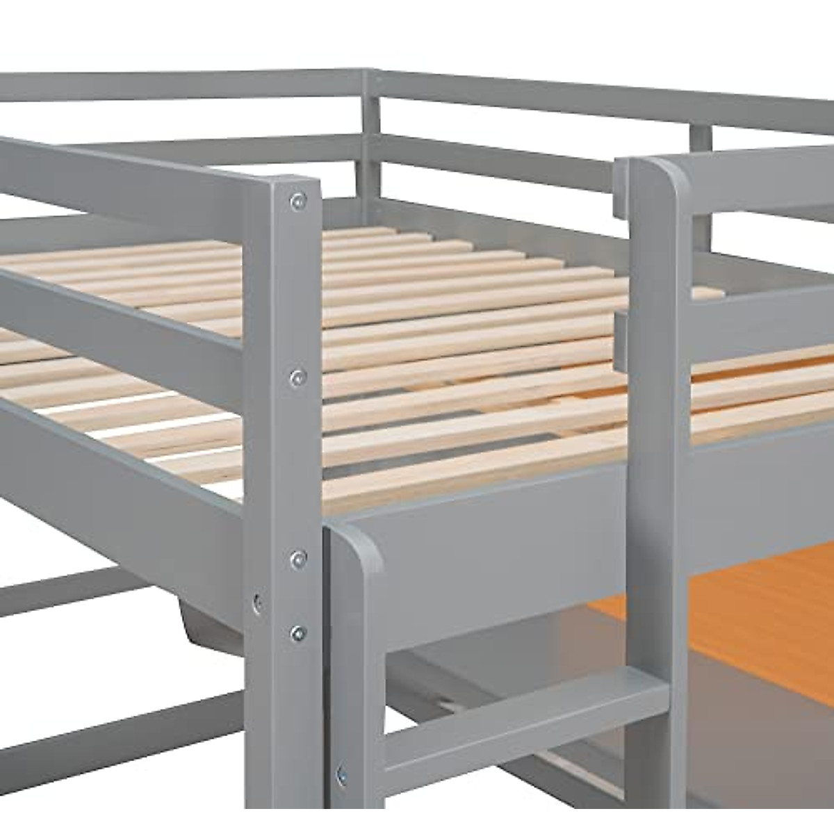 BOVZA Full Size Loft Bed with Desk and Writing Board, Cabinet, Wood Loft Bed Frame with 2 Built-in Ladder and Guardrails for Kids Teens Girls Boys, Gray