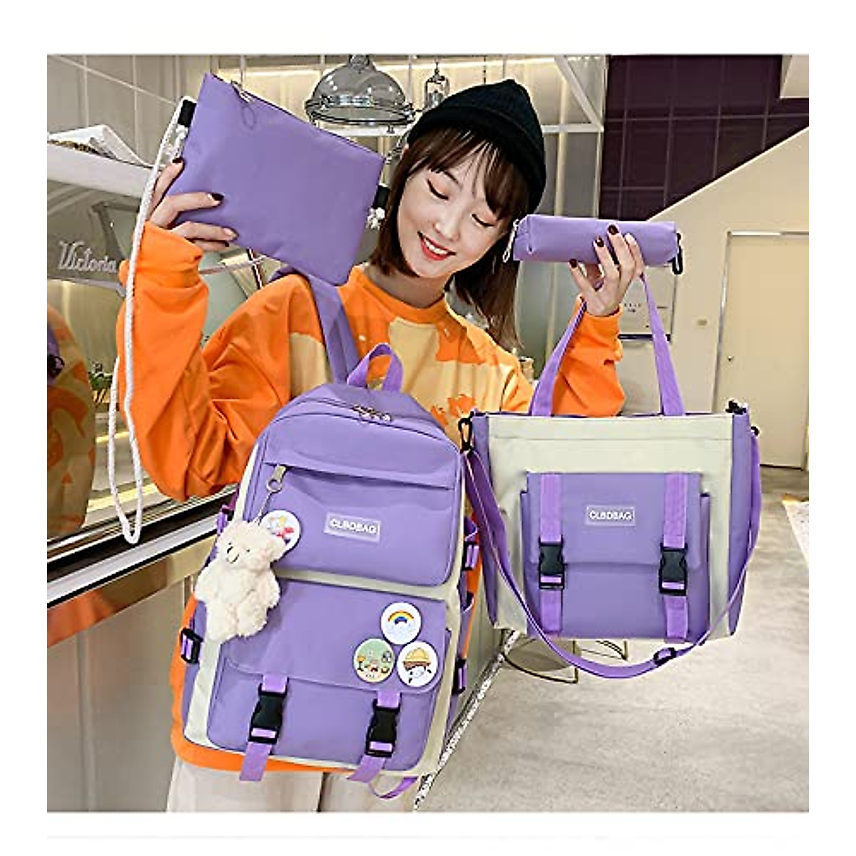 AMZTAN 4Pcs Canvas School Backpack Combo Set for Students with Bear Pendant Handle Shoulder Tote Bag Laptop Schoolbag (Purple)