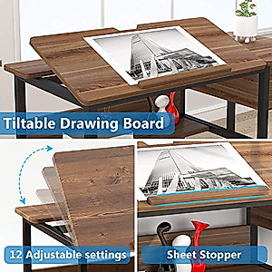 Tribesigns Drafting Table with Storage Drawers, Drawing Computer Desk Artist Craft Table Painting Desk Workstation with Shelves and Tiltable Tabletop for Students, Home Office