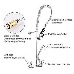Aquaterior 44" Height Wall Mount Commercial Kitchen Pre Rinse Faucet Restaurant Sink Sprayer Faucets with Add-on Riser 12Inch Rotatable Spout CUPC NSF CEC