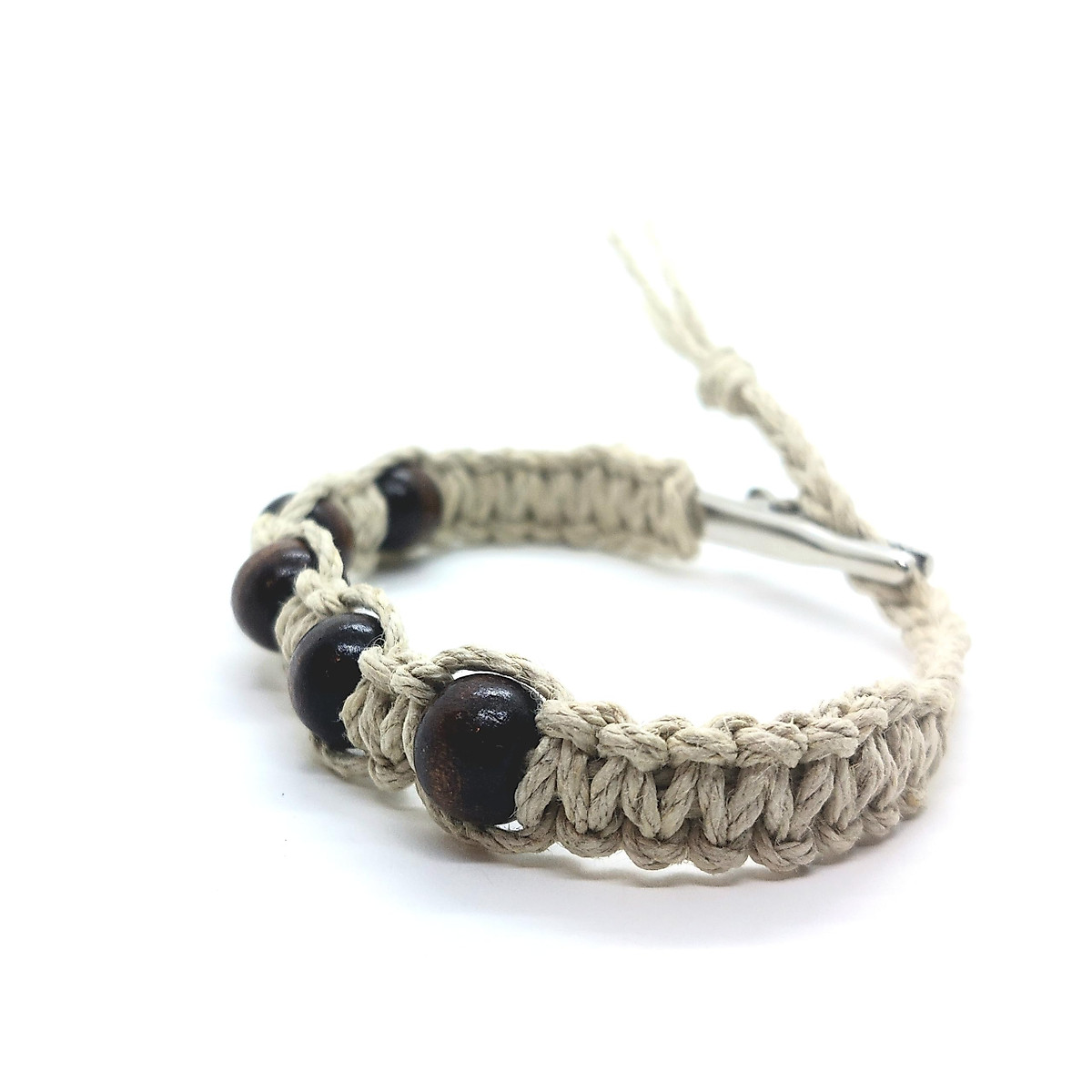 Hempnotic Jewelry Brown Wood Beaded Adjustable Alligator Clip Hemp Bracelet - Handmade