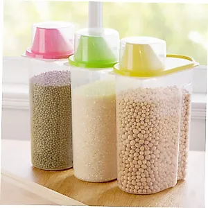 OKUMEYR Airtight Cereal Container with Pour Spout and Measuring Cup Clear Plastic Food Storage Keeper for Rice Grain Oatmeal Sugar Nuts Beans S Yellow