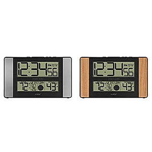 La Crosse Technology 513-1417AL-INT Atomic Clock w Outdoor Temp, Grey/Black & Atomic Digital Clock with Outdoor Temperature, Oak, 0