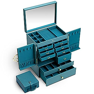 Vlando Jewelry Box Organizer Faux Leather Mirror Jewelry Storage for Women Large Jewelry Eaarring Necklace Watch Rings Boxes Case Christmas New Year Thanksgiving Gift Green