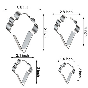 Ice Cream Cone Cookie Cutter Set in Assorted Large Sizes - 5", 4", 3", 2" - 4 Piece - Stainless Steel