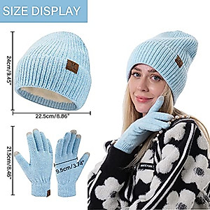 Womens Winter Knit Beanie Hats Touchscreen Gloves Warm Wool Hat and Gloves Set Skull Caps with Fleece Lined
