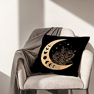 HIWX Abstract Boho Gold Moon Stars Flowers Decorative Pillowcase Throw Pillow Cover, Modern Art Crescent Moon Sky for Sofa Bed Room Home Bohemia Decor 18 x 18 Inch Pillow Case