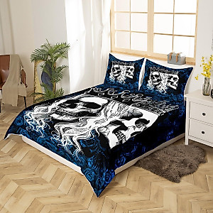 Manfei Gothic Skull Duvet Cover Set King Size, Skeleton Couple Comforter Cover with 2 Pillowcases, Blue Rose Flower Bedding Set 3pcs for Kids Boys Girls Adults Room Decor Lightweight Bedspread Cover
