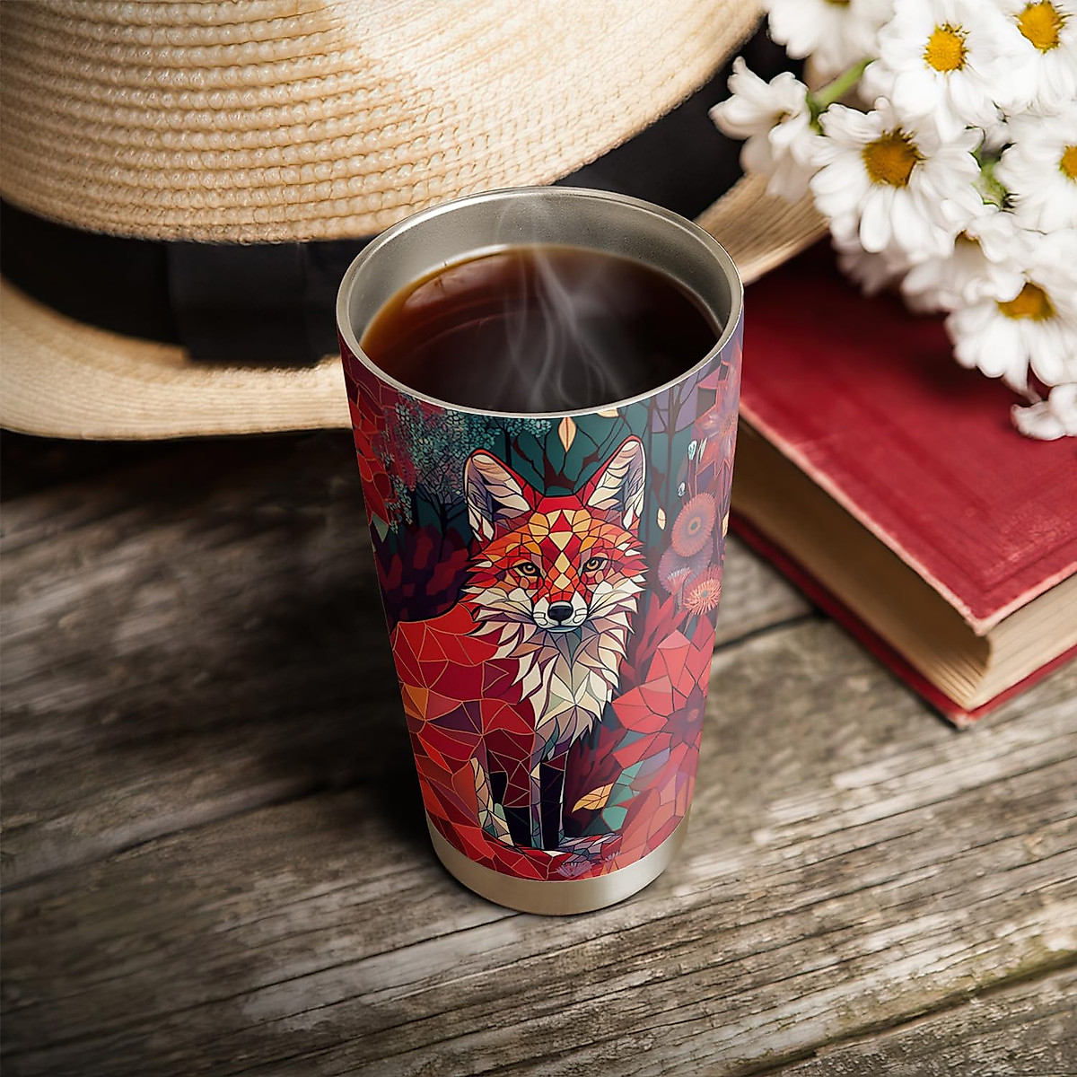 20oz Red Ruby Stained Glass Crystal Mosaic Fox Tumbler, Gifts for Fox Lovers, Coffee Thermos for Women, Stainless Steel Double Wall Vacuum Insulated Coffee Mug, Travel Cup with Lid