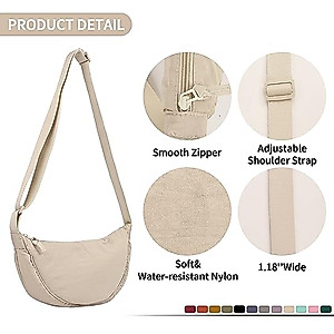 Nylon Crescent Crossbody Bag for Women Purses Trendy Men,Small Travel Sling Bag Hobo,Lightweight Fanny Pack with Zipper Adjustable Strap,Round Soft Shoulder Pouch Bag for Everyday Use Sport(Beige)