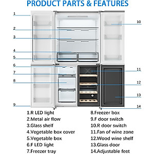 GarveeHome 36 Inch French Door Refrigerator, 21 Cu.Ft. Counter Depth Refrigerator Bottom Freezer with Wine Cabinet, Stainless Steel 4 Doors Fridges Kitchen Freezer, Adjustable Shelves