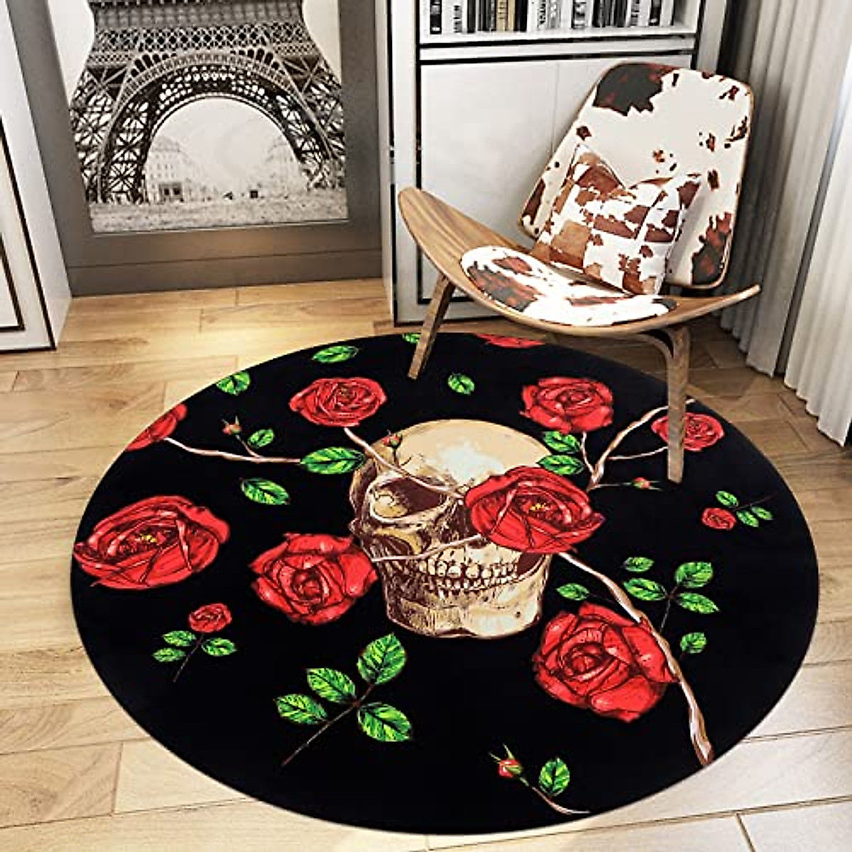 HiiARug Skull and Roses Area Rug 4Ft Round Rug Anti-Slip Floor Protector Round Gaming Computer Chair Mat for Home Decorations Office Gaming Room Mat