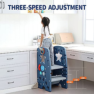 UNICOO –Kids Kitchen Step Stool with Double Safety Rails, Toddler Learning Stool with 3 Adjustable Heights and Non-Slip Foot Pads, Toddler Tower for Kitchen Countertop and Bathroom (OMLT-Dark Blue)