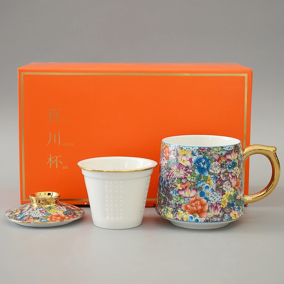 JDZjmwhc Porcelain Tea Cup Coffee Mug with Infuser - Chinese Jingdezhen Ceramics Teacup Loose Leaf Tea Brewing System for Home Office (Colorful)