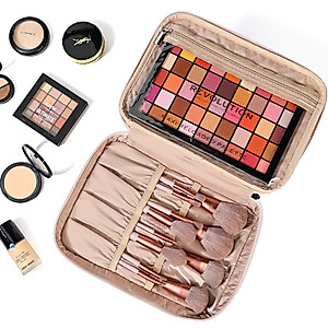 NISHEL Large Double Layer Travel Makeup Bag Women, Cosmetic Case, Organizer for Travel-Size Accessories Bottles, Brushes, Conditioner, and Skin Care Products, Pink