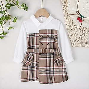 CM C&M WODRO Toddler Baby Girl Plaid Dress Long Sleeve Belted Button Down Shirts Kid Fall Corduroy Tunic Dress Casual Clothes(Plaid,2-3 Years)