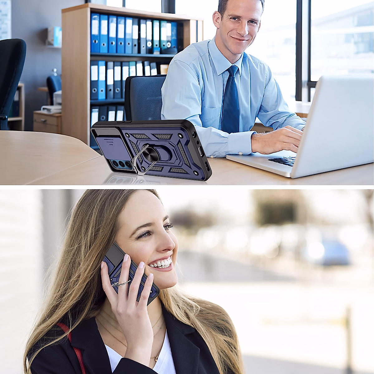 for OnePlus Nord N200 5G Case with HD Screen Protector with Slide Camera Cover, Atump 360° Rotation Ring Kickstand [Military Grade] Shockproof Protective Case for OnePlus Nord N200 5G,Blue