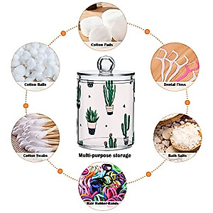 Fustylead 4 Pack Vintage Cactus Plastic Apothecary Jars with Lid, Bathroom Vanity Storage Organizer Canister for Qtip, Cotton Ball, Swab, Round Pads, Floss