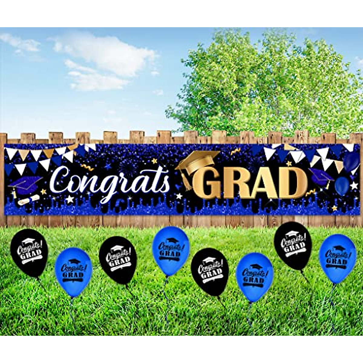2023 Graduation Banner Decoration Set, Large Congrats Grad Banner with 8 Pieces Balloons Blue and Gold Class of 2023 Yard Sign for High School College Graduation Party Outdoor Hanging Decorations(blue)