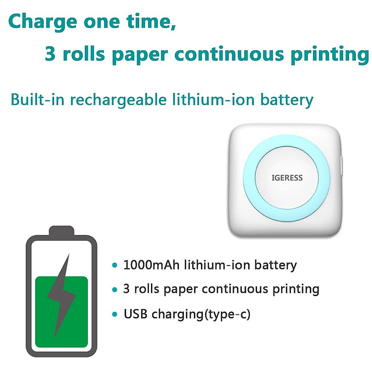 IGERESS Mini Printer, Wireless Bluetooth Pocket Thermal Printer, Sticker Printer, Portable Notes Picture Printer Receipt Paper Printer Compatible with iOS and Android