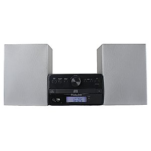 Philco Stereo Shelf Systems Tray Loading CD Player with Digital FM Radio, Bluetooth Streaming, Remote Control in Silver | LCD Display | 3.5mm Headphone Jack | MP3 & AUX Port Compatible | USB Input