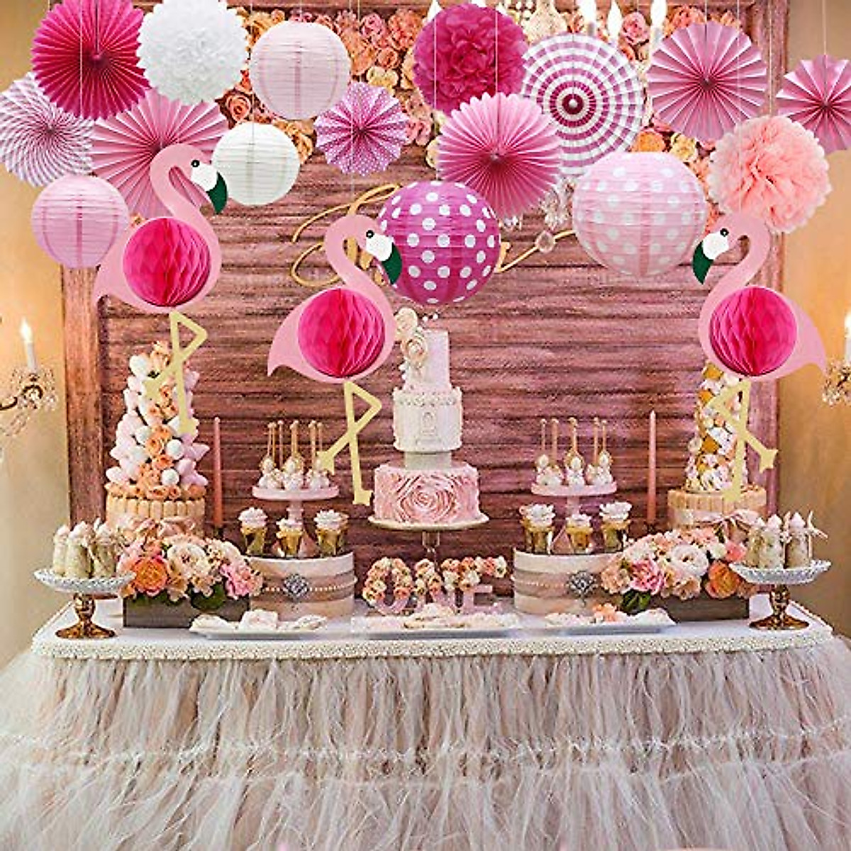 Meiduo Tropical Flamingo Party Honeycomb Decoration, Hawaiian Summer Party Supplies for Adults Kids Birthday Bridal Shower with Flamingo Paper Fans Pom Poms Flowers Paper Lanterns (Pink)