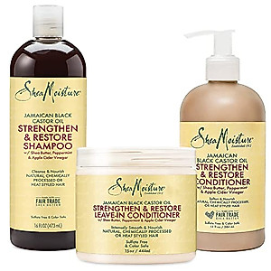 Shea Moisture Curly Hair Product Bundle Shampoo 16 Fl Oz, Conditioner 13 Fl Oz, Leave in Conditioner 15 Oz, Jamaican Black Castor Oil for Healthy Hair Growth, Strengthen & Restore, Sulfate Free